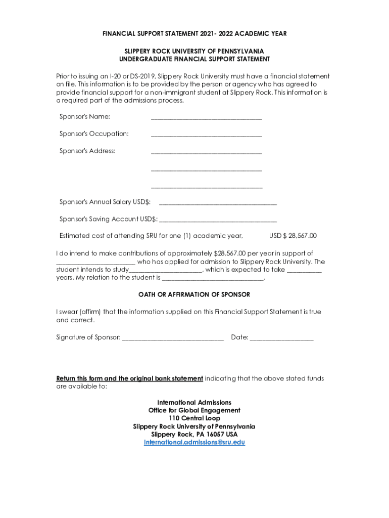 Fillable Online financial support statement 2021 - Slippery Rock ...