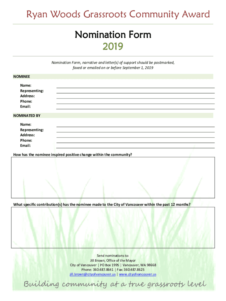 Fillable Online Ryan Woods Grassroots Community Award Nomination Form ...
