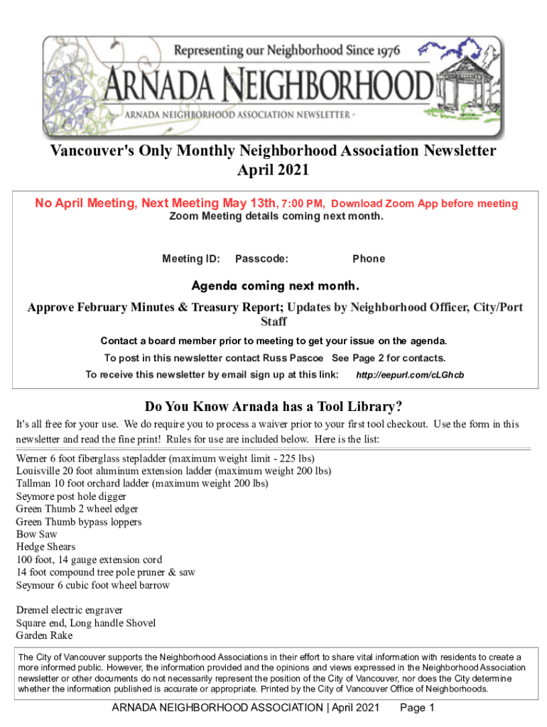 Fillable Online Vancouver's Only Monthly Neighborhood Association ...