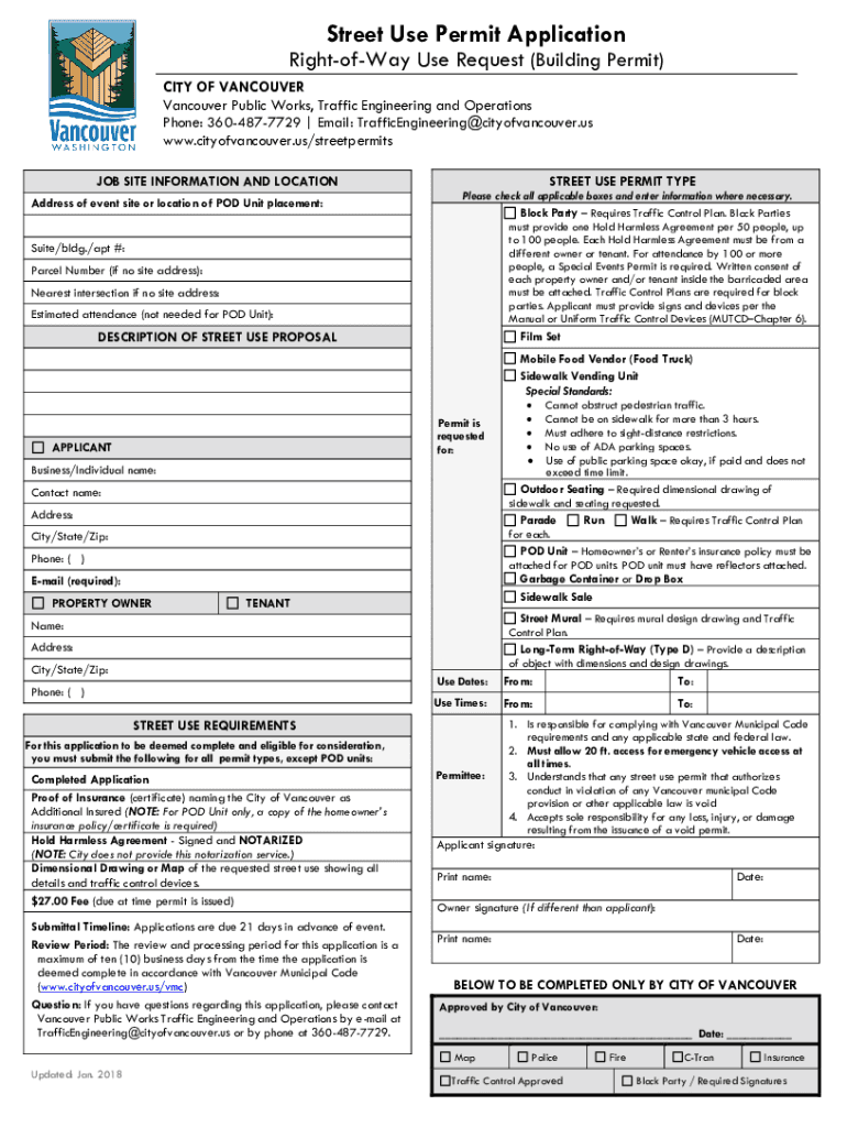 Fillable Online Street Use & Right-of-Way Permits - Vancouver, Washington Fax Email Print ...