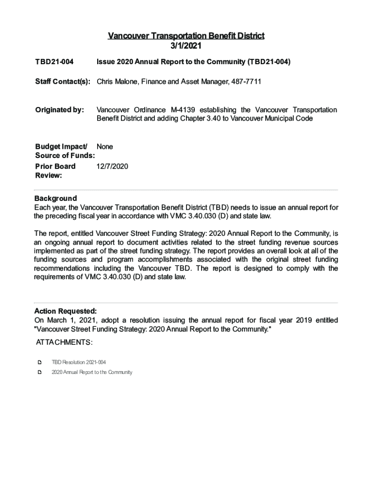 Fillable Online Vancouver Transportation Benefit District 3 ... - City ...