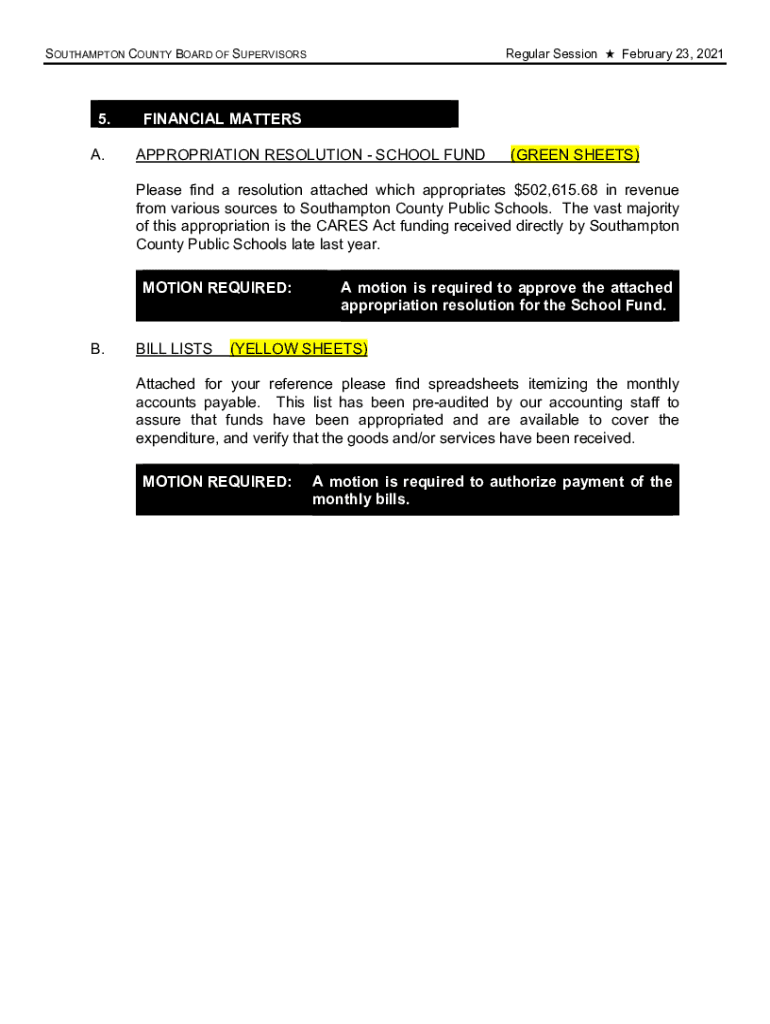 Fillable Online cms7files1.revize.comsouthamptonvaBOS Agendas5. FINANCIAL MATTERS MOTION ...