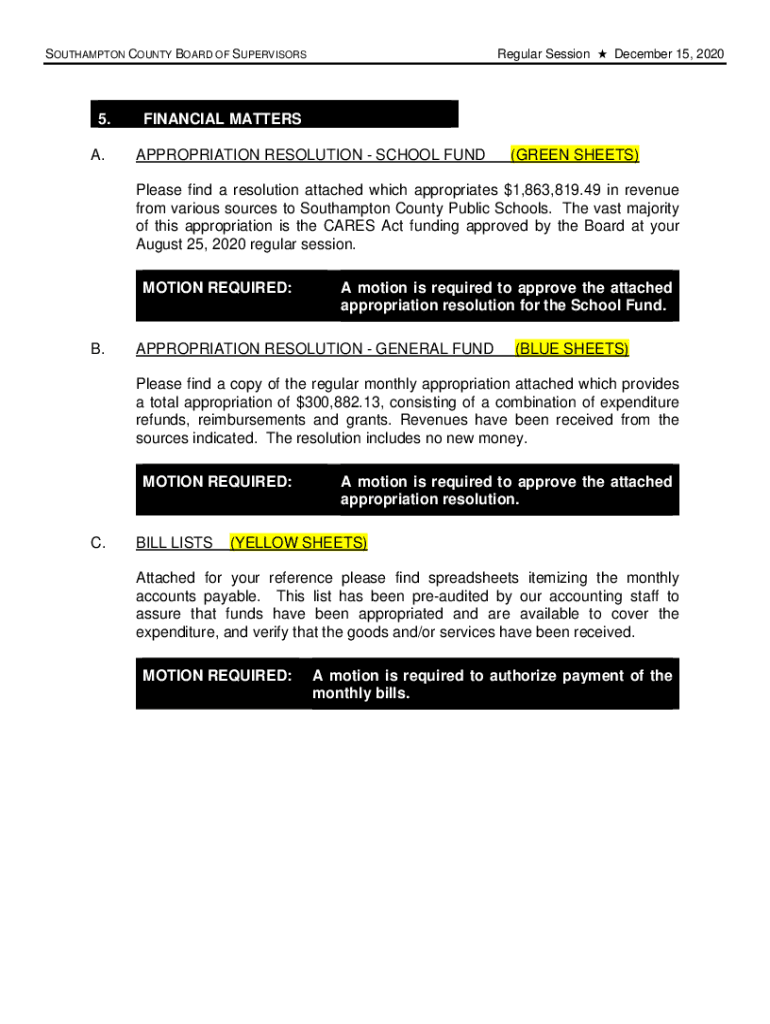 Fillable Online 5. FINANCIAL MATTERS appropriation resolution for the ...