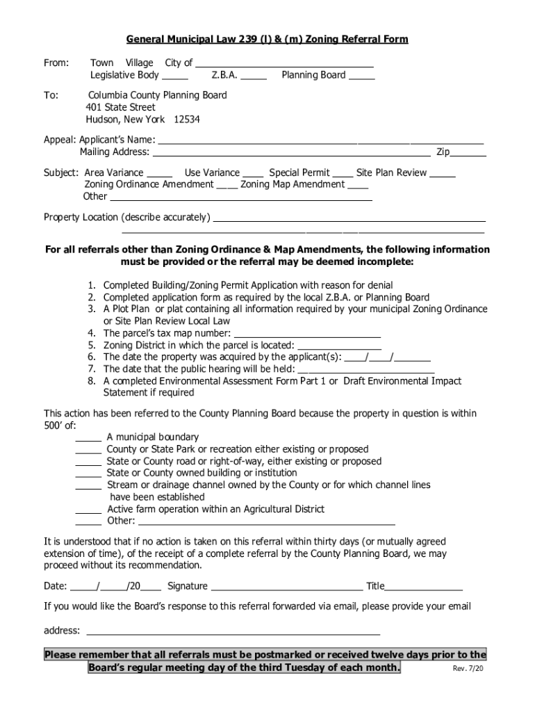 Fillable Online General Municipal Law 239 (l) & (m) Zoning Referral ...