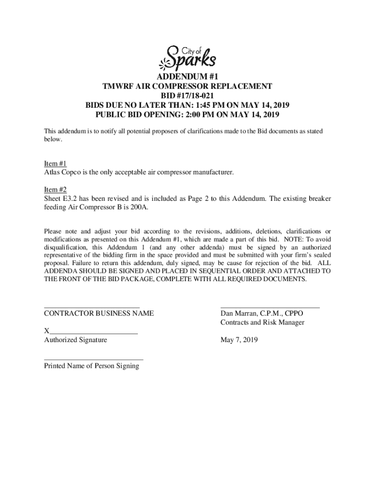 Fillable Online ADDENDUM #1 TMWRF AIR COMPRESSOR REPLACEMENT BID #17/18 ...