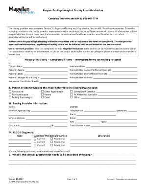 Fillable Online Request for Psychological Testing Preauthorization Form ...