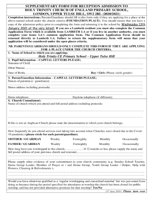 Fillable Online supplementary form for reception admission to holy ...