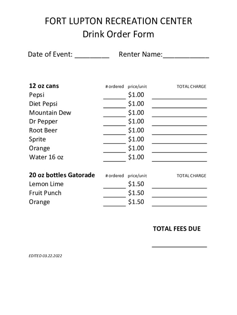 Fillable Online FORT LUPTON RECREATION CENTER Drink Order Form Fax ...