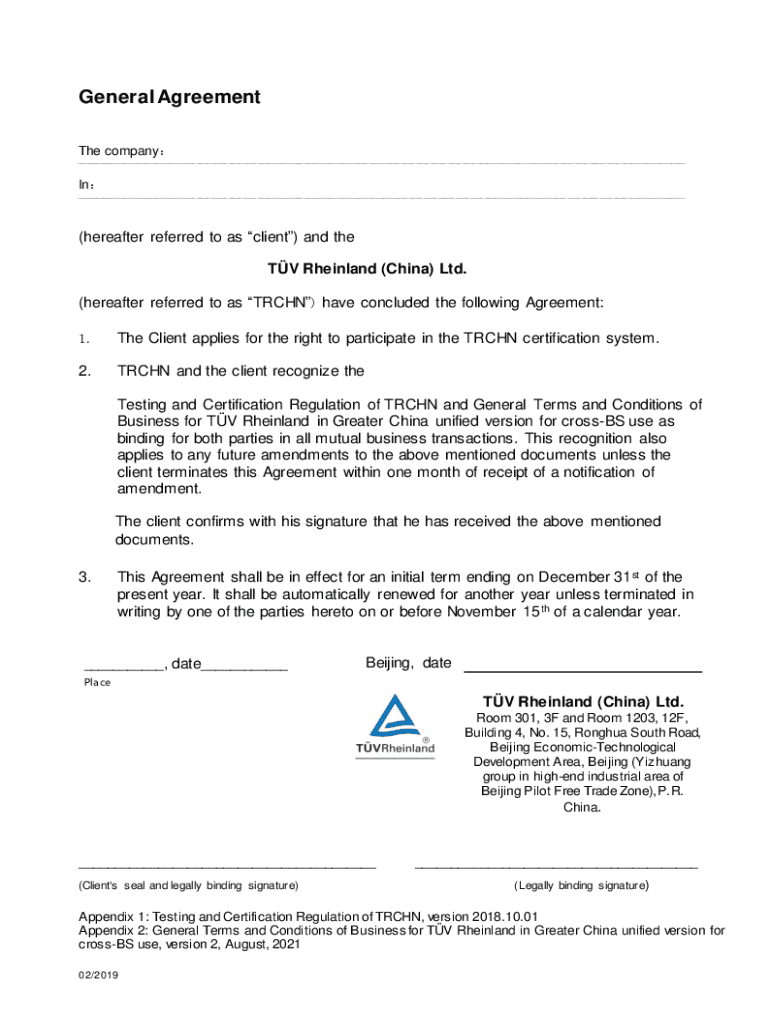 Fillable Online General Agreement - TUV Rheinland Fax Email Print - pdfFiller