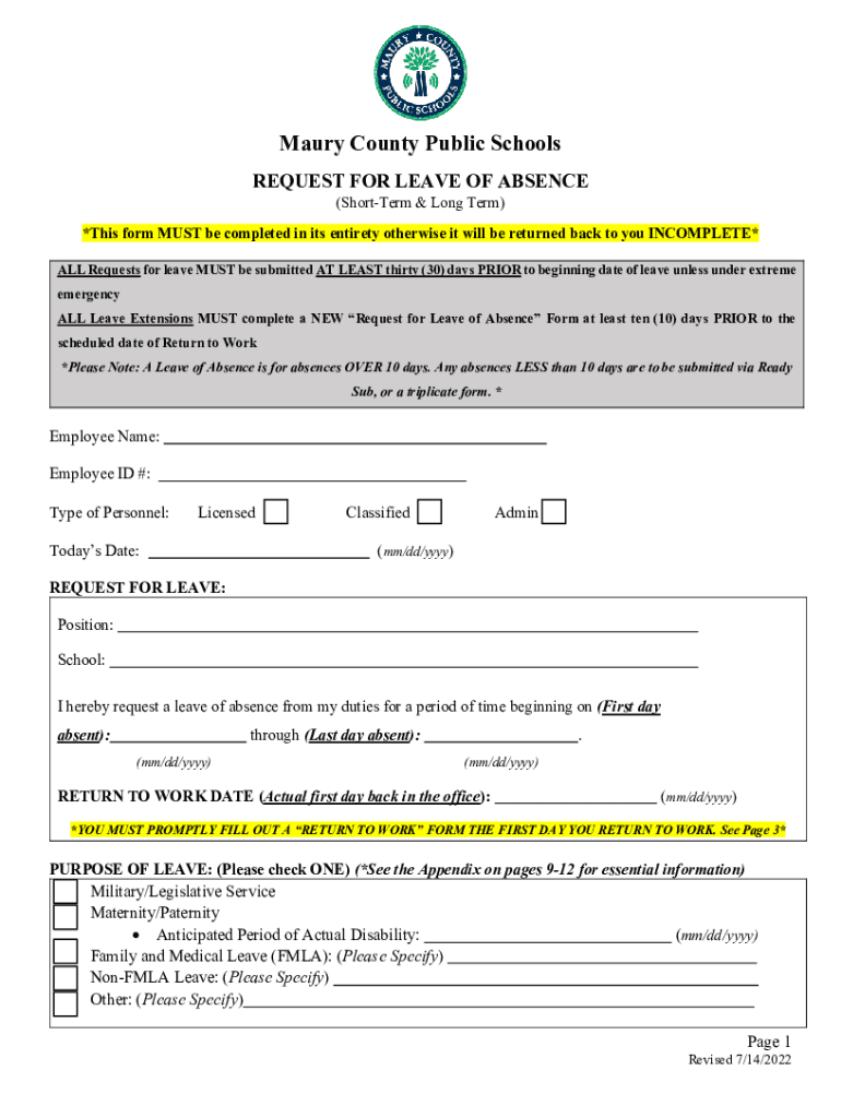 Fillable Online LEAVE of ABSENCE (LOA) REQUEST FORM - Maury Regional ...