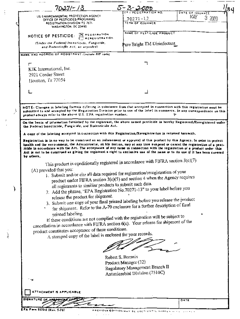 Fillable Online U.S. EPA, Pesticide Product Label, PURE BRIGHT ...