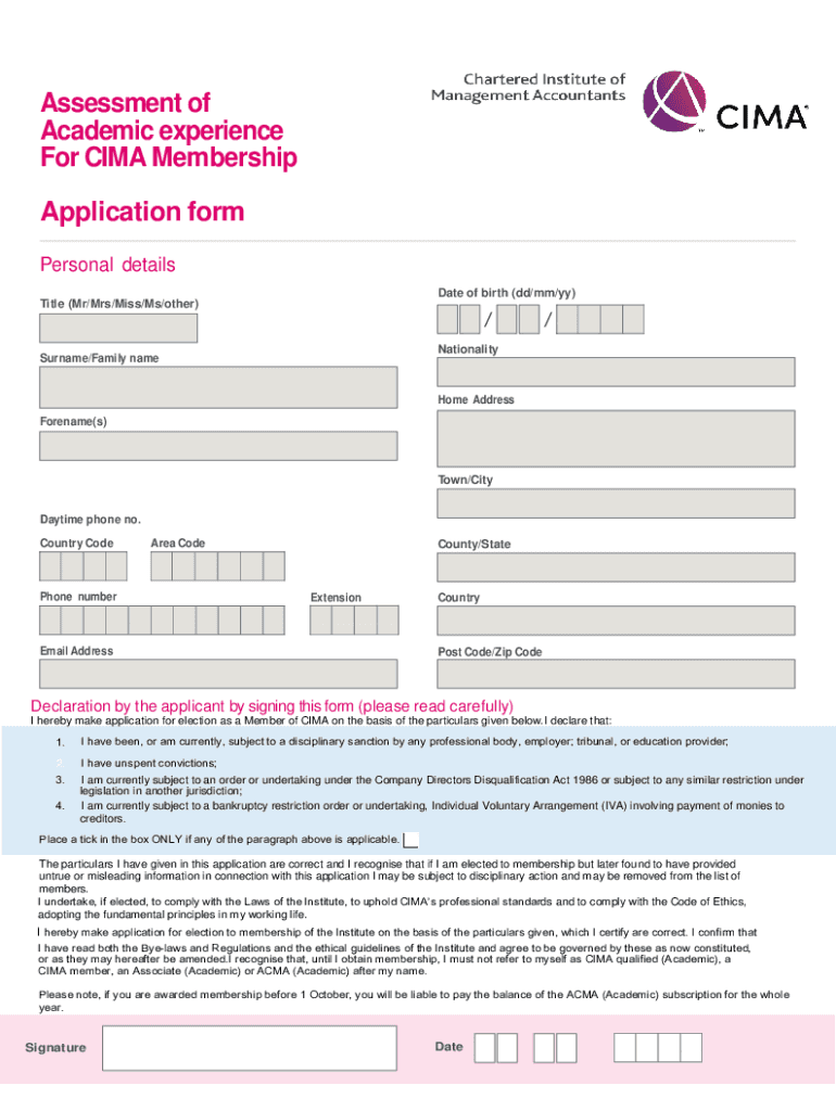 Fillable Online CIMA - MembershipCIMA - Application and assessmentCIMA ...