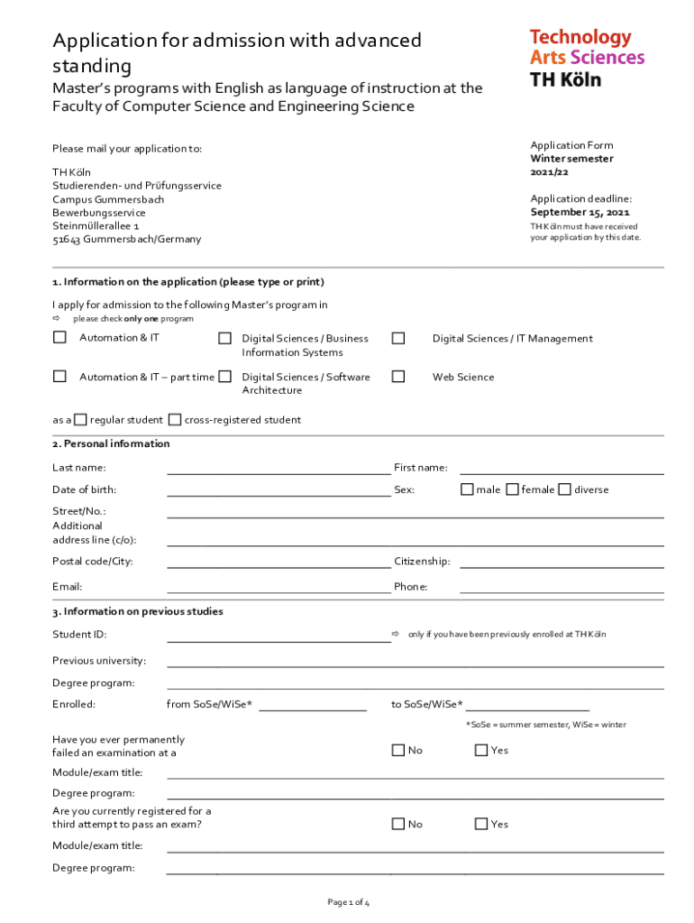 Fillable Online Application for admission with advanced standing - TH Kln Fax Email Print ...