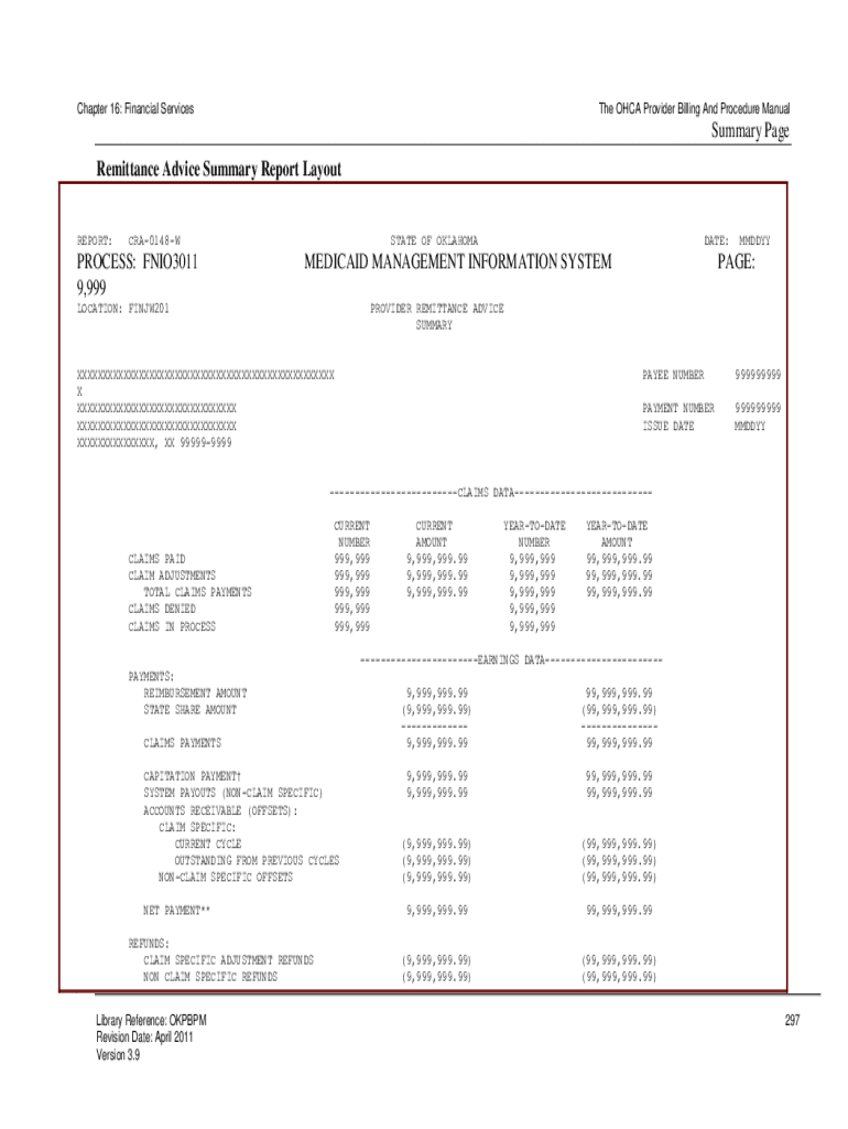 Fillable Online Summary Page Remittance Advice Summary Report Layout ...