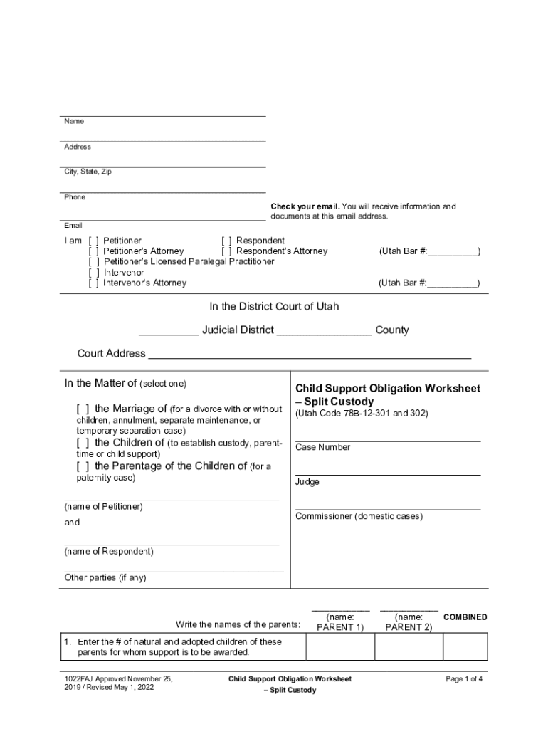 Fillable Online Child Support Obligation WorksheetSplit Custody. Child ...