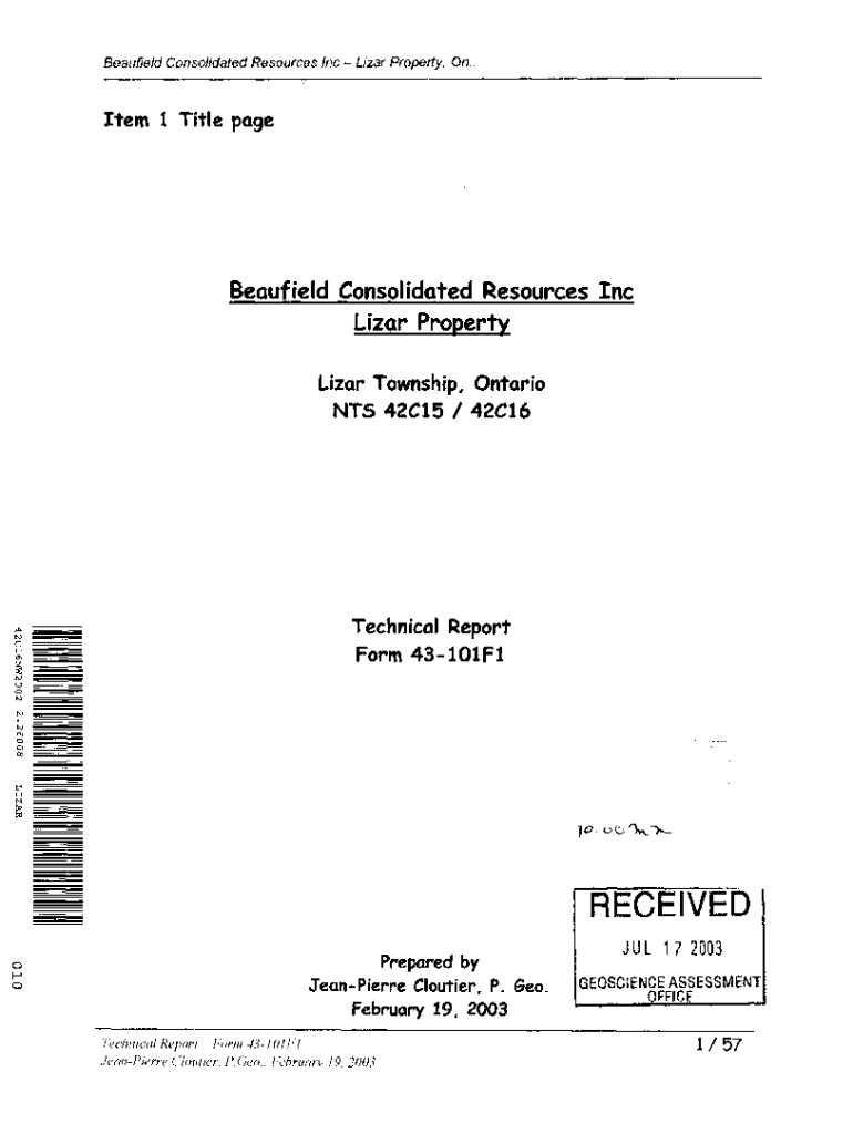 Fillable Online TECH RPT FORM 43-101F1 LIZAR TP. LINECUTTING Fax Email ...