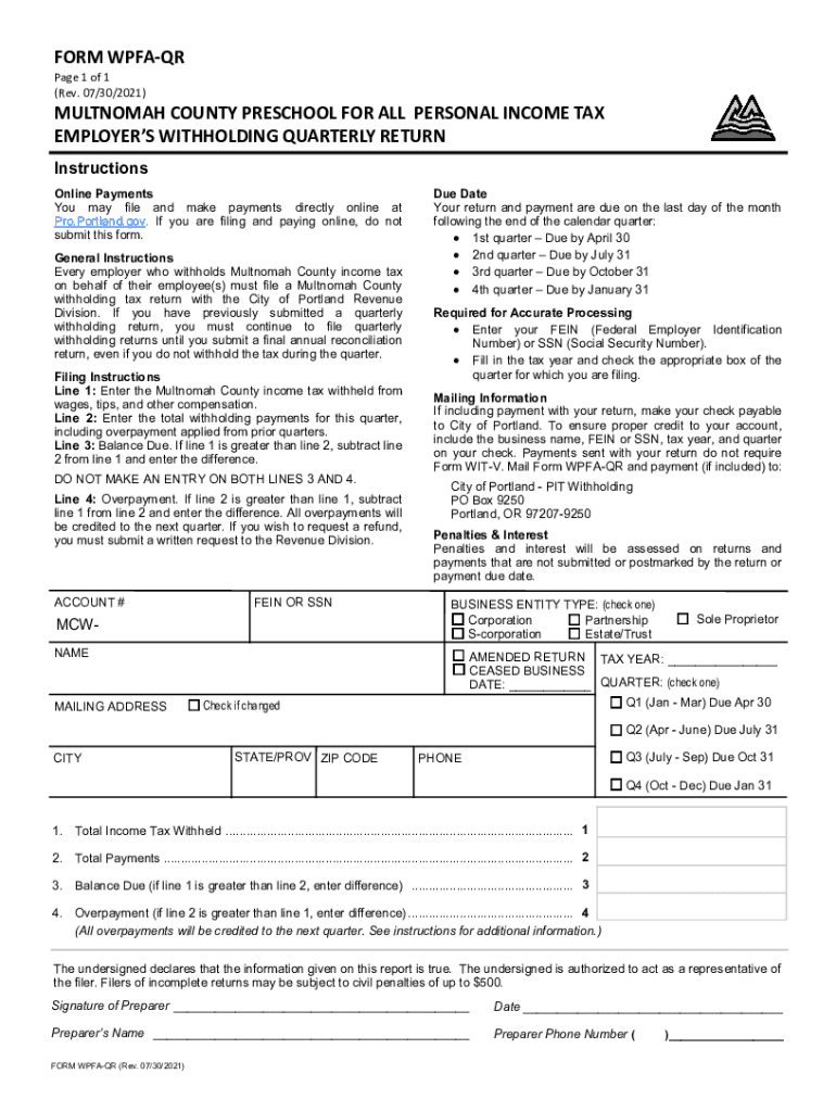 Multnomah County Preschool for All Employer’s Withholding Quarterly ...