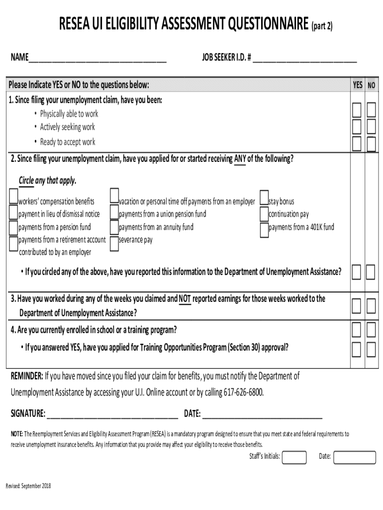 Fillable Online Reemployment Services and Eligibility Assessment ...