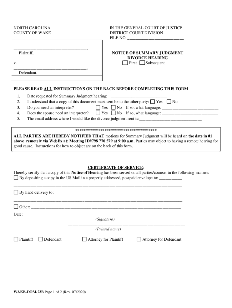 Fillable Online NORTH CAROLINA COUNTY OF WAKE IN THE GENERAL COURT ... Fax Email Print - pdfFiller