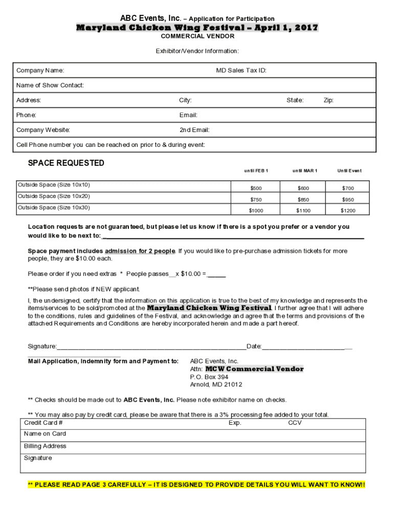 Fillable Online abceventsinc.commaryland-chicken-wing-festivalMaryland Chicken Wing Festival ...