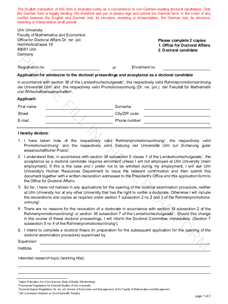 Fillable Online PLEASE FILL IN THE GERMAN FORM ... - Universitt Ulm Fax ...