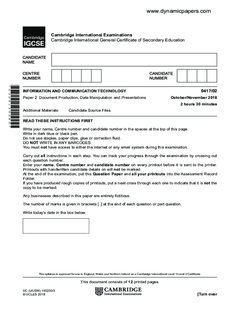 Fillable Online Past papers - Cambridge Assessment International ...