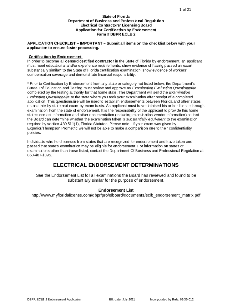 DBPR ECLB 2 - Endorsement App Doc Template | pdfFiller