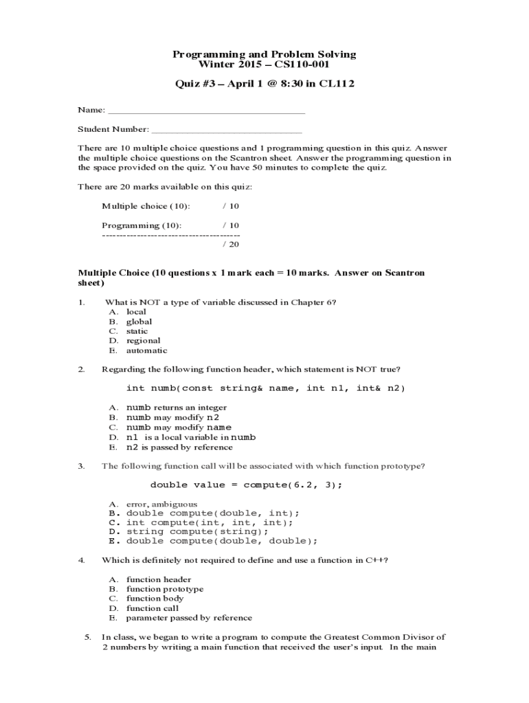 Fillable Online www2 cs uregina www2.cs.uregina.capdfCS-110-201510exam-3-quizProgramming and ...