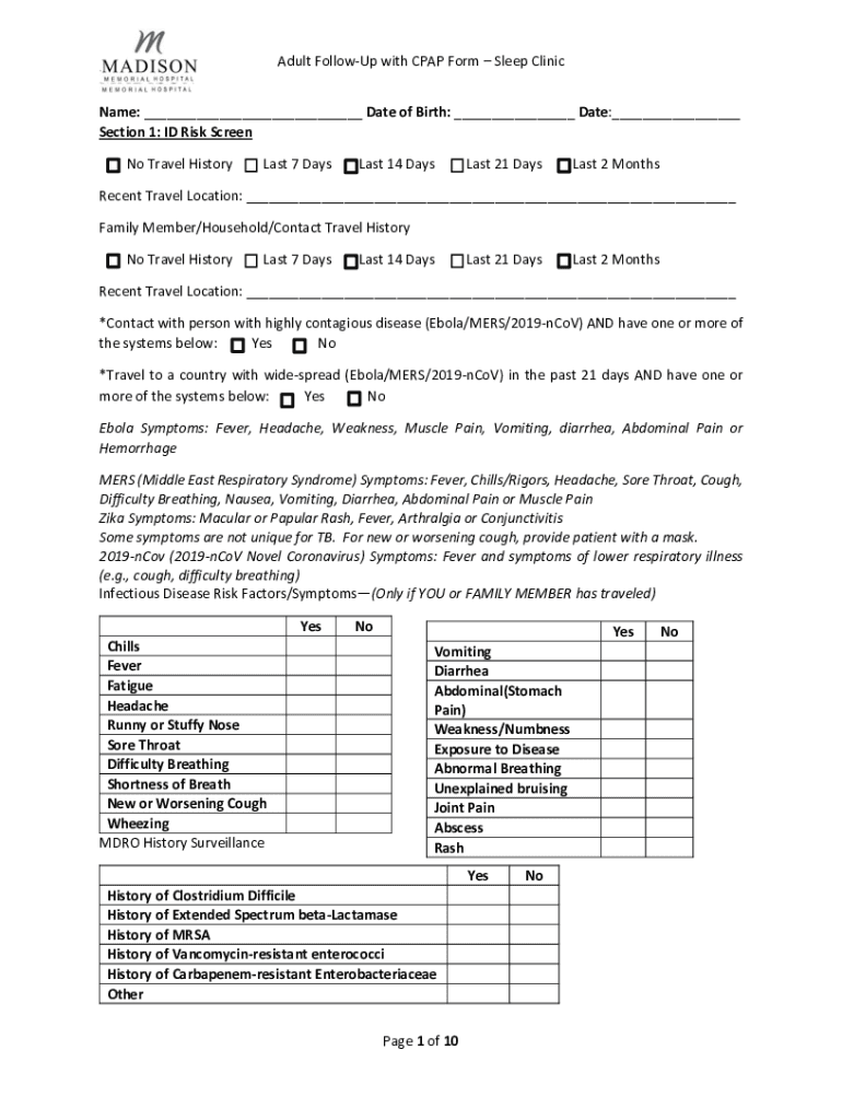 Fillable Online Adult Follow-Up with CPAP Form Sleep Clinic Date of ...
