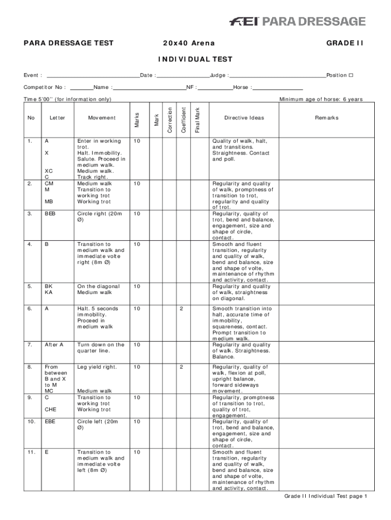 Fillable Online inside.fei.orgsystemfilesPARA DRESSAGE TEST 20x40 Arena ...