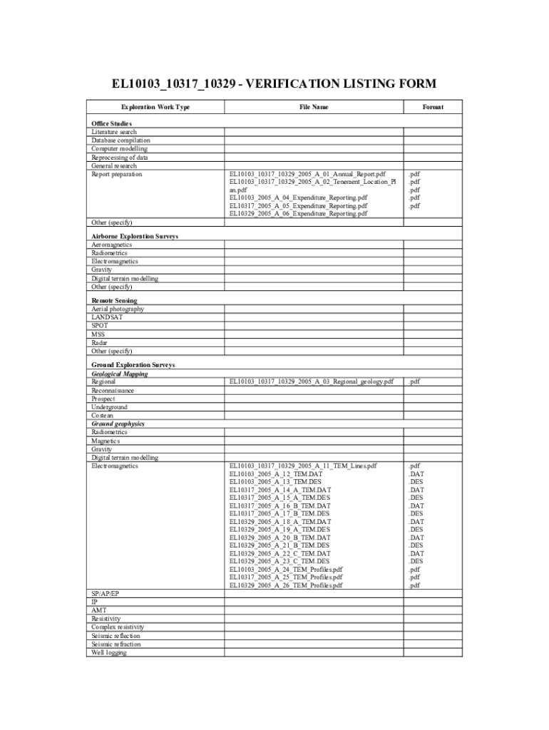 Fillable Online geoscience nt gov TEMPLATE 7 - VERIFICATION LISTING FORM Fax Email Print - pdfFiller