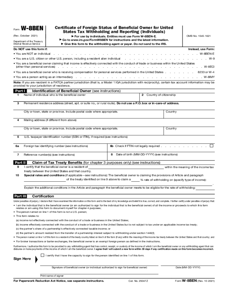 Fillable Online W-8BEN (2021): Nonresident Aliens & US Tax WithholdingW ...