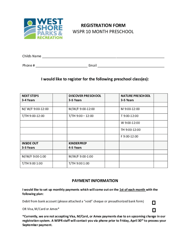 Fillable Online Free Online Preschool Registration Form Template ...