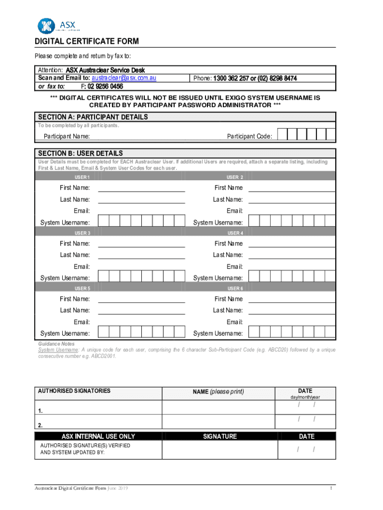 Fillable Online Form - Digital Certificate Form - ASX OnlineForm - Digital Certificate Form ...