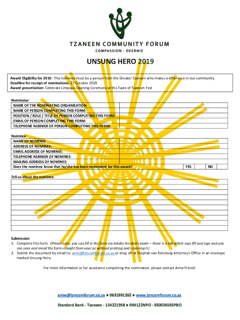 Fillable Online Unsung Hero Nomination Form - Tzaneen Community Forum ...