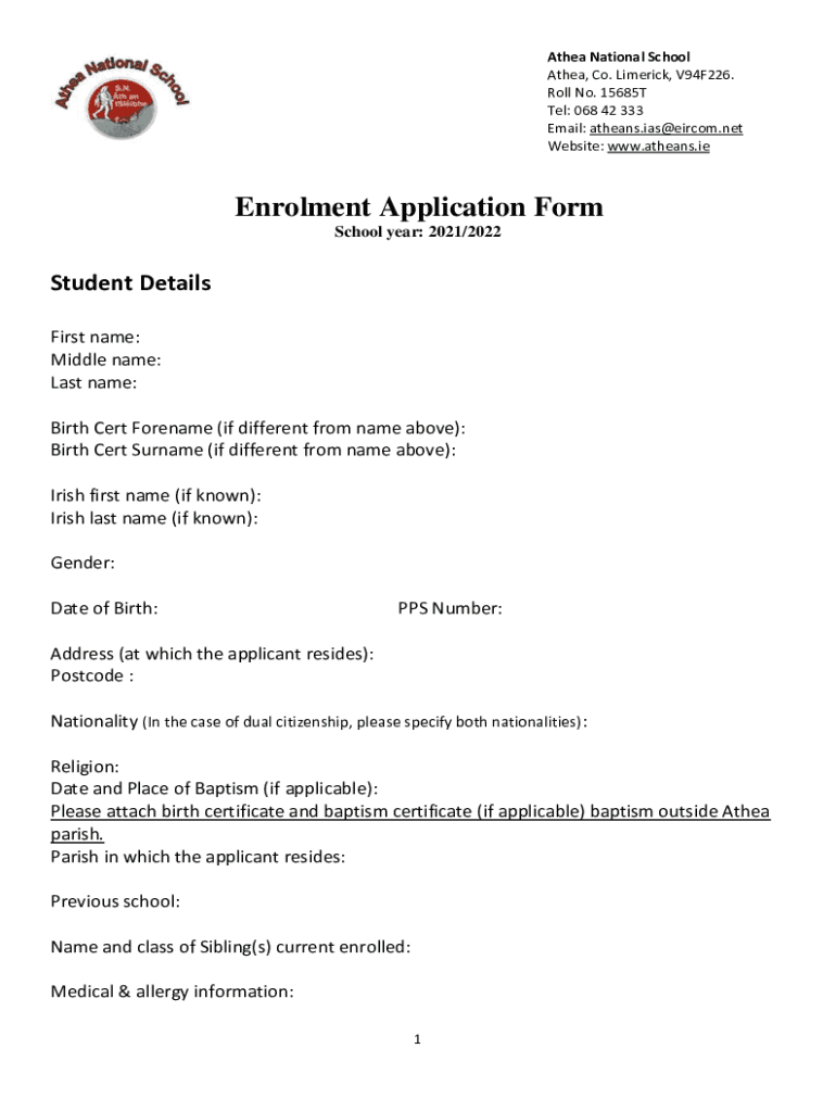 Fillable Online Enrolment Application Form - Athea National School Fax Email Print - pdfFiller