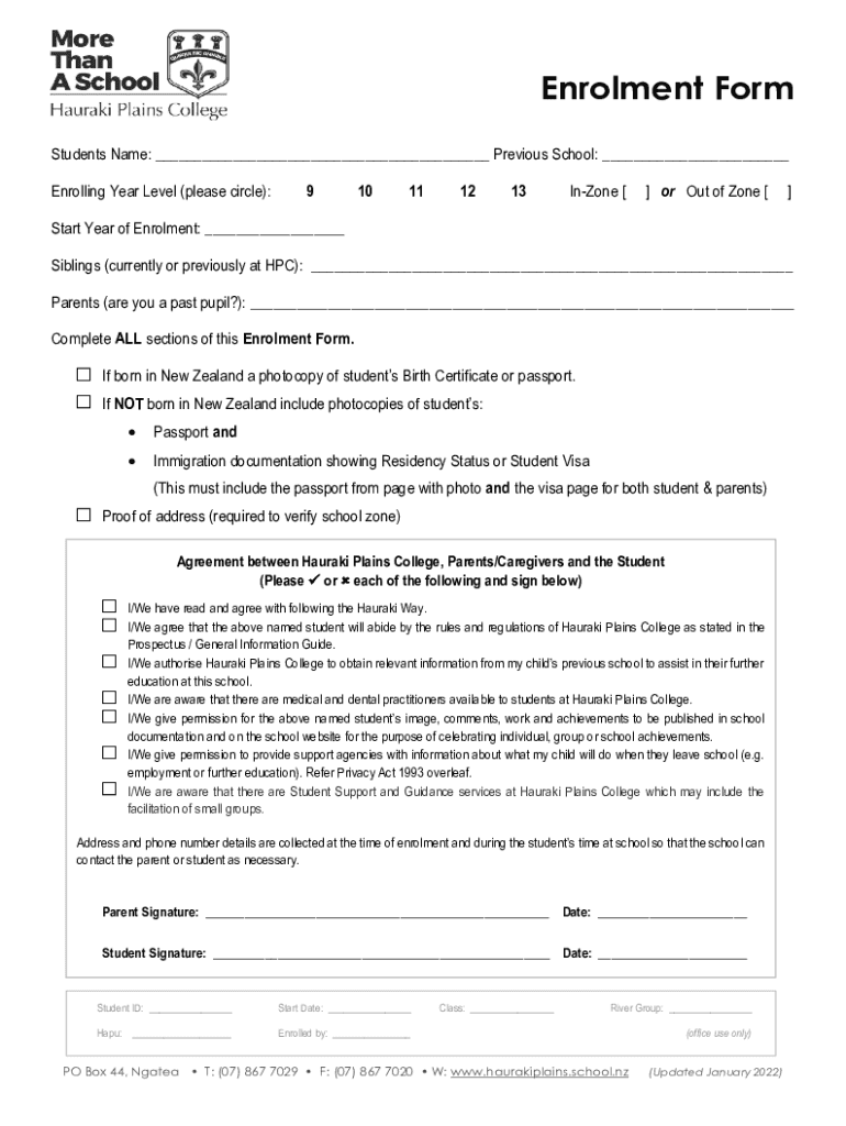 Fillable Online haurakiplains school Student Enrolment FormStudent Enrollment Definition and ...