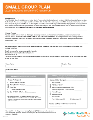 Fillable Online Small Group Plan 2021 Employee Enrollment/Change Form ...