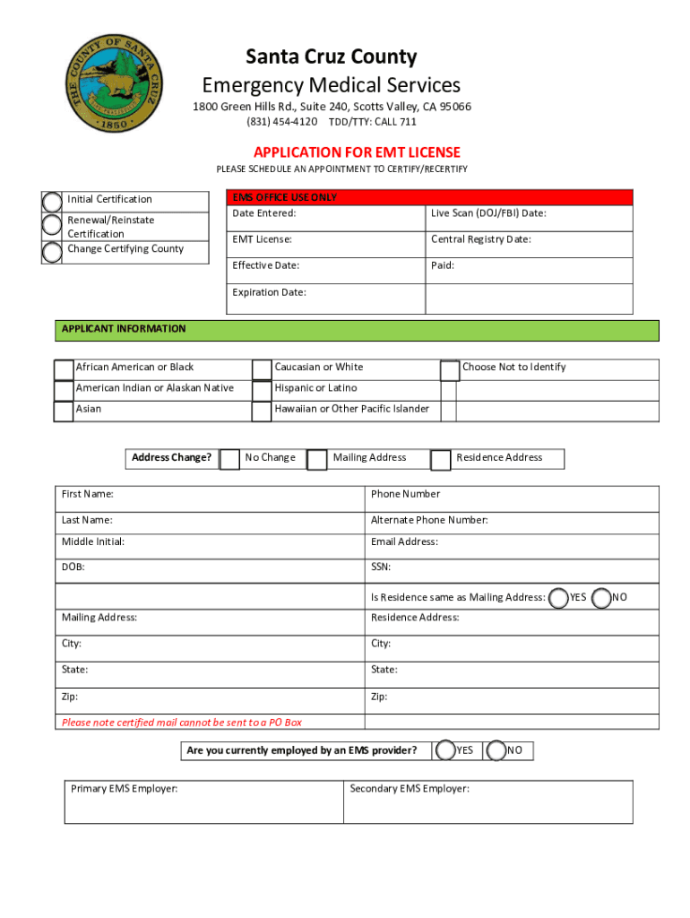 Fillable Online health co santa-cruz ca Emergency Medical Services ...