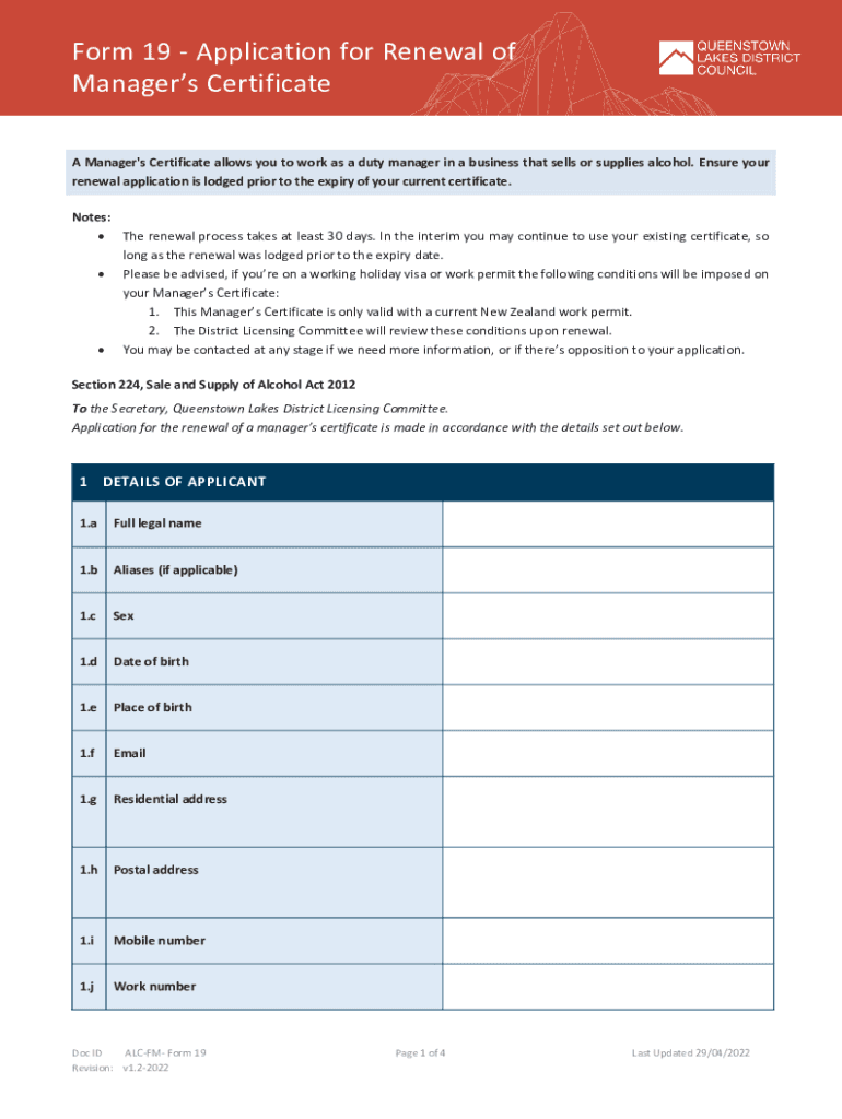 Fillable Online Form 19 - Application for Renewal of Manager's ...