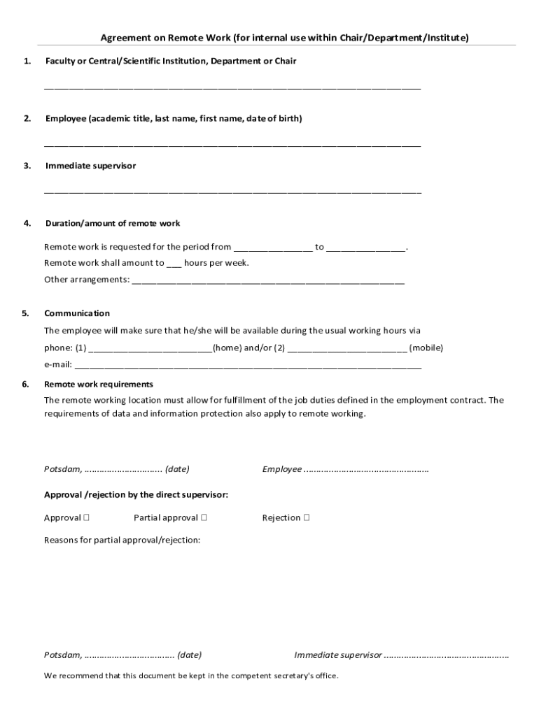 Fillable Online Remote Work Agreement - Sample, Template - Word and ...
