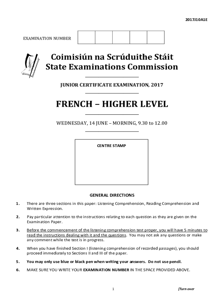 Fillable Online Fillable Online Junior Certificate Examination, 2017 ...