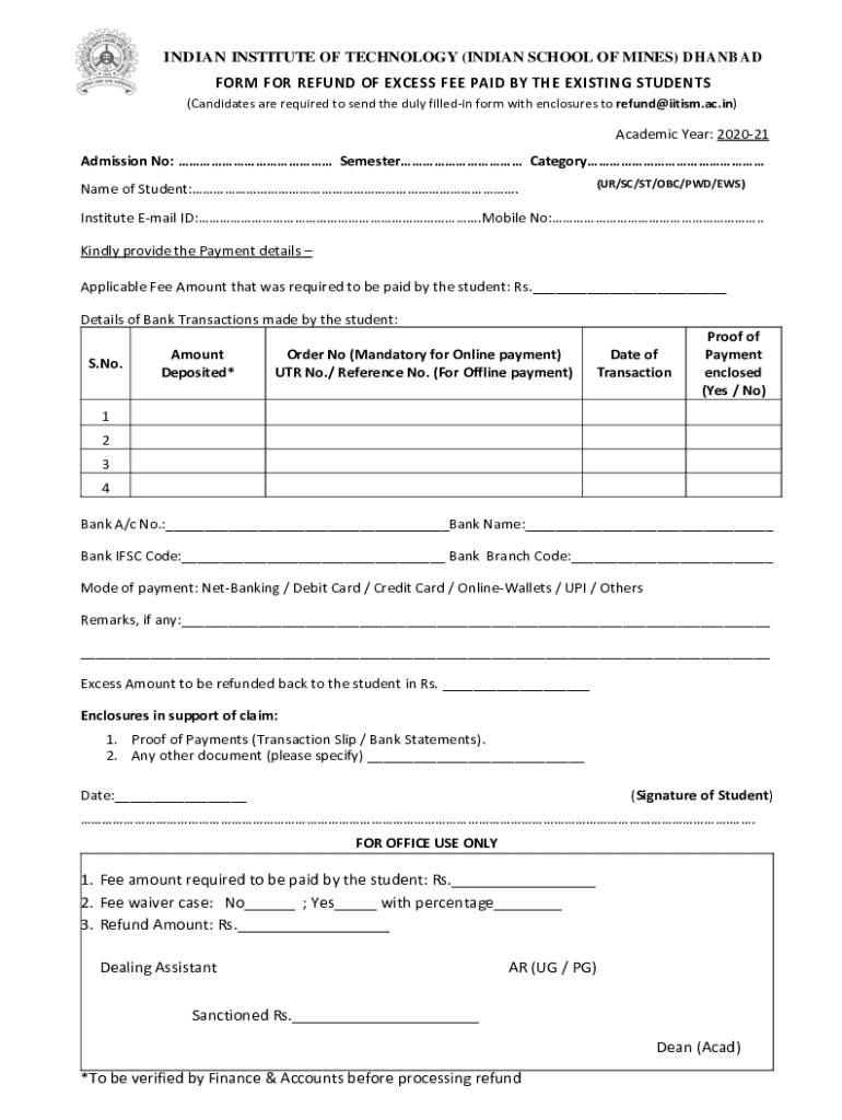 Fillable Online form for refund of excess fee paid by the existing ...