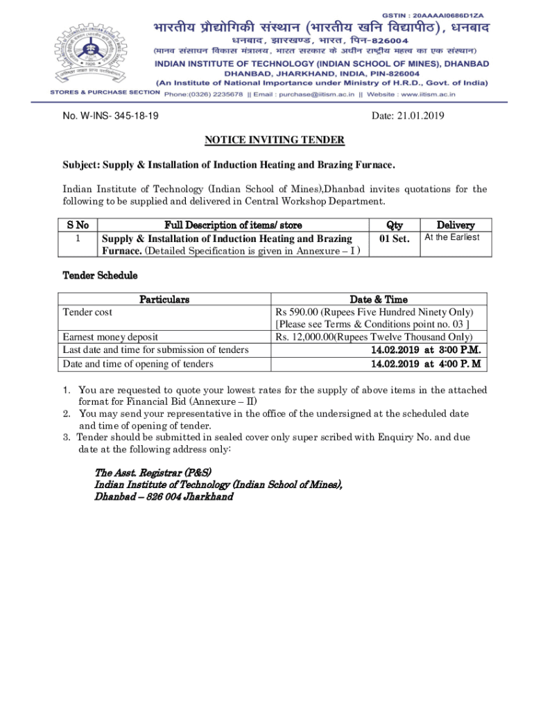 Fillable Online 5.imimg.comdata5MPth NOTICE INVITING TENDER Subject: Supply and Installation of ...