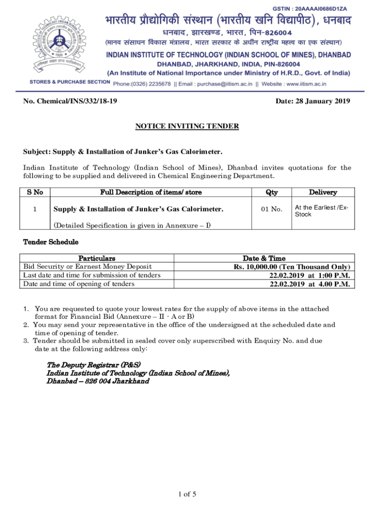 Fillable Online 5.imimg.comdata5XPNOTICE INVITING TENDER Subject: Supply & Installation of UV ...
