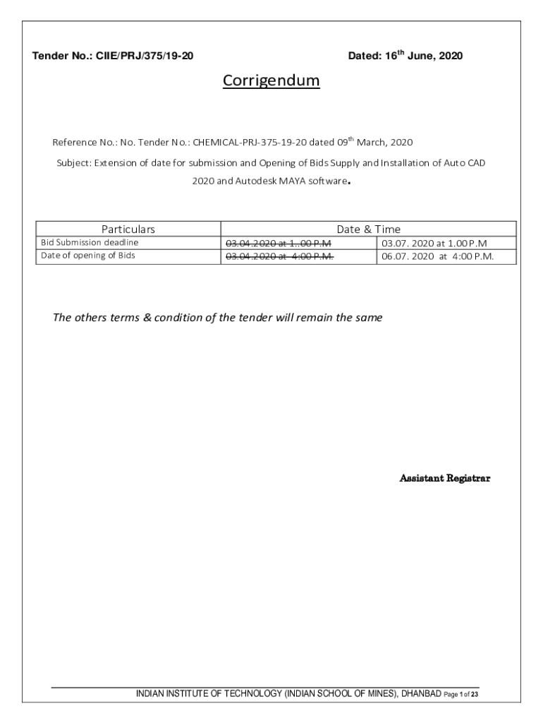 Fillable Online Subject: Extension of date for submission and Opening ...