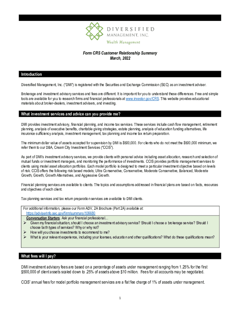Fillable Online Form CRS Customer Relationship Summary March, 2022 ... Fax Email Print - pdfFiller