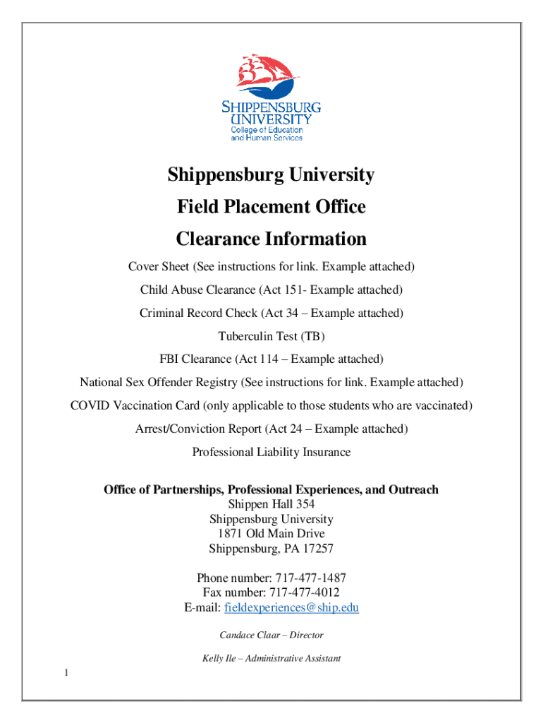 Fillable Online Shippensburg University Field Placement Office ...