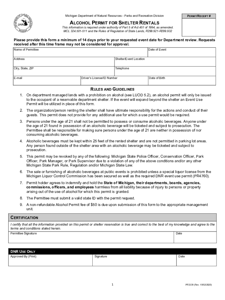 Fillable Online alcohol permit for shelter rentals Fax Email Print ...