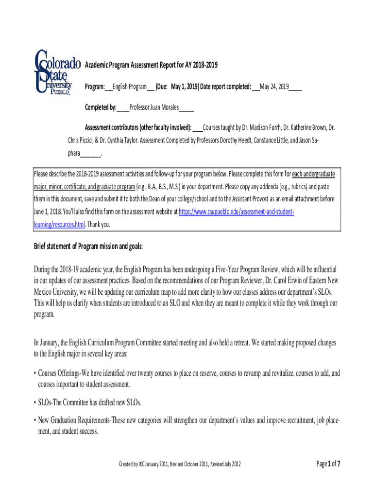 Fillable Online General Education Assessment Assessment and Student Learning CSU-Pueblo Fax ...